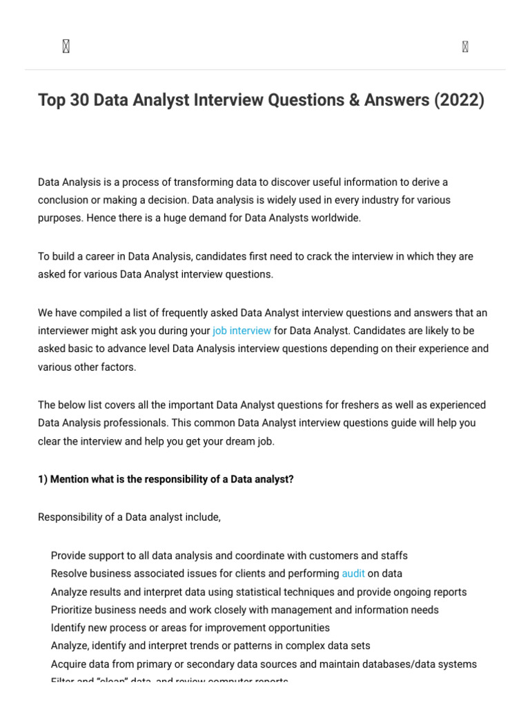 Top 30 Data Analyst Interview Questions And Answers 2022 Pdf Data Analysis Cluster Analysis