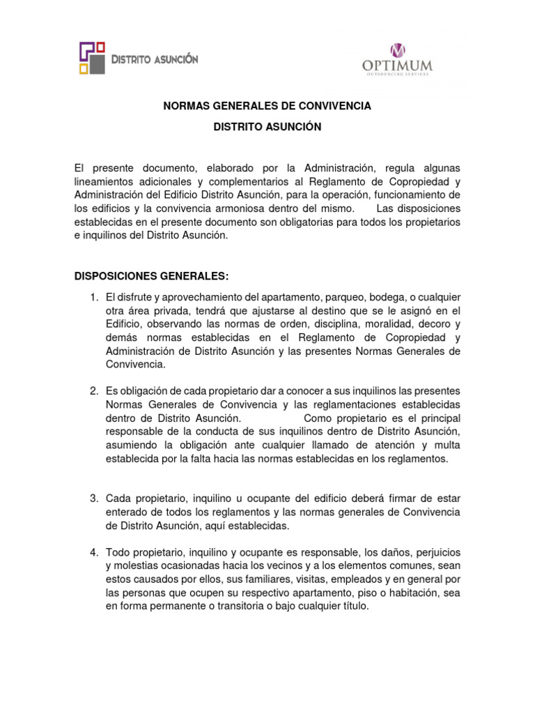 Normas Generales de Convivencia Distrito Asunción | PDF | Condominio
