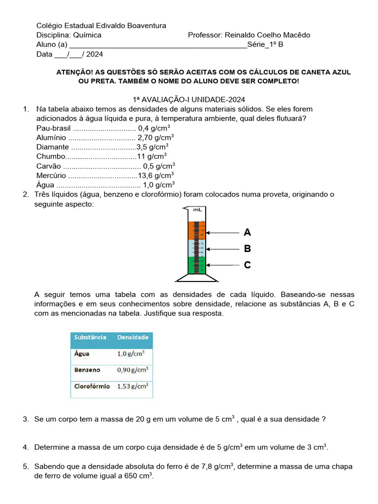 2ª Avaliação De Química 1ºa Ano I Unidade Pdf Densidade Química