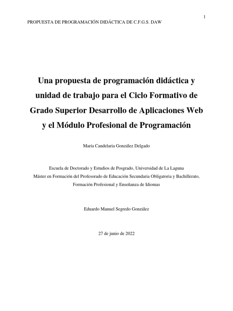 Una Propuesta de Programacion Didactica y Unidad de Trabajo para El Ciclo Formativo de Grado ...