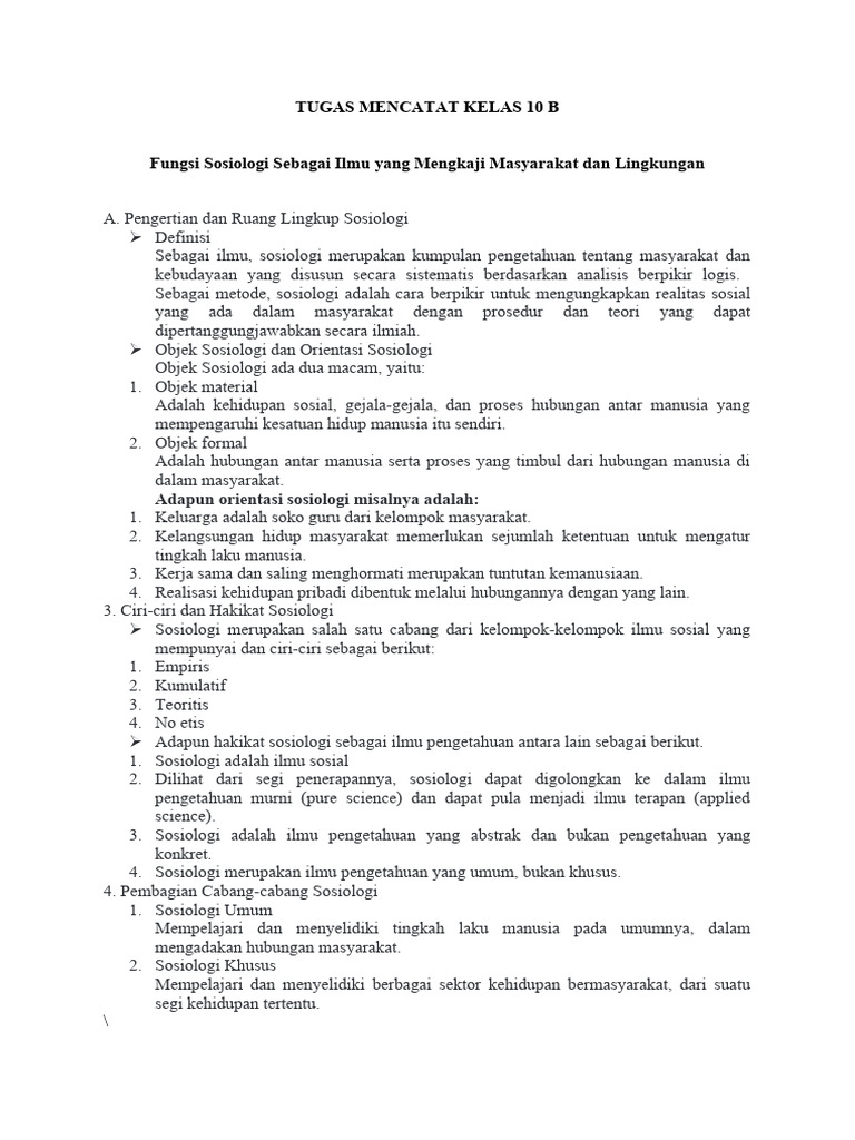 TUGAS MENCATAT SOSIOOLOGI KELAS 10 B Dan 12 | PDF | Ilmu Sosial | Sejarah