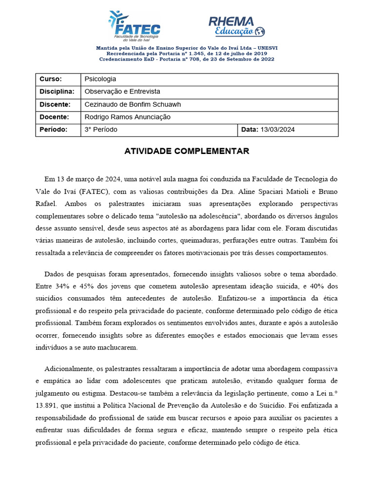 Atividade Complementar Da Aula Magna 2024 | PDF | Autoajuda