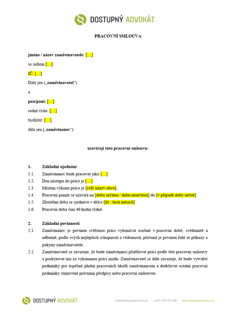 Pracovni Smlouva Vzor | PDF