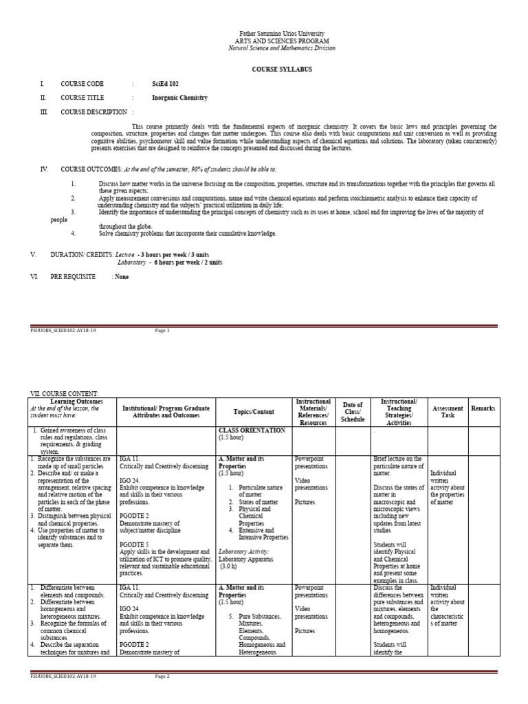 SciEd 102 - Syllabus Newest | PDF | Gases | Stoichiometry