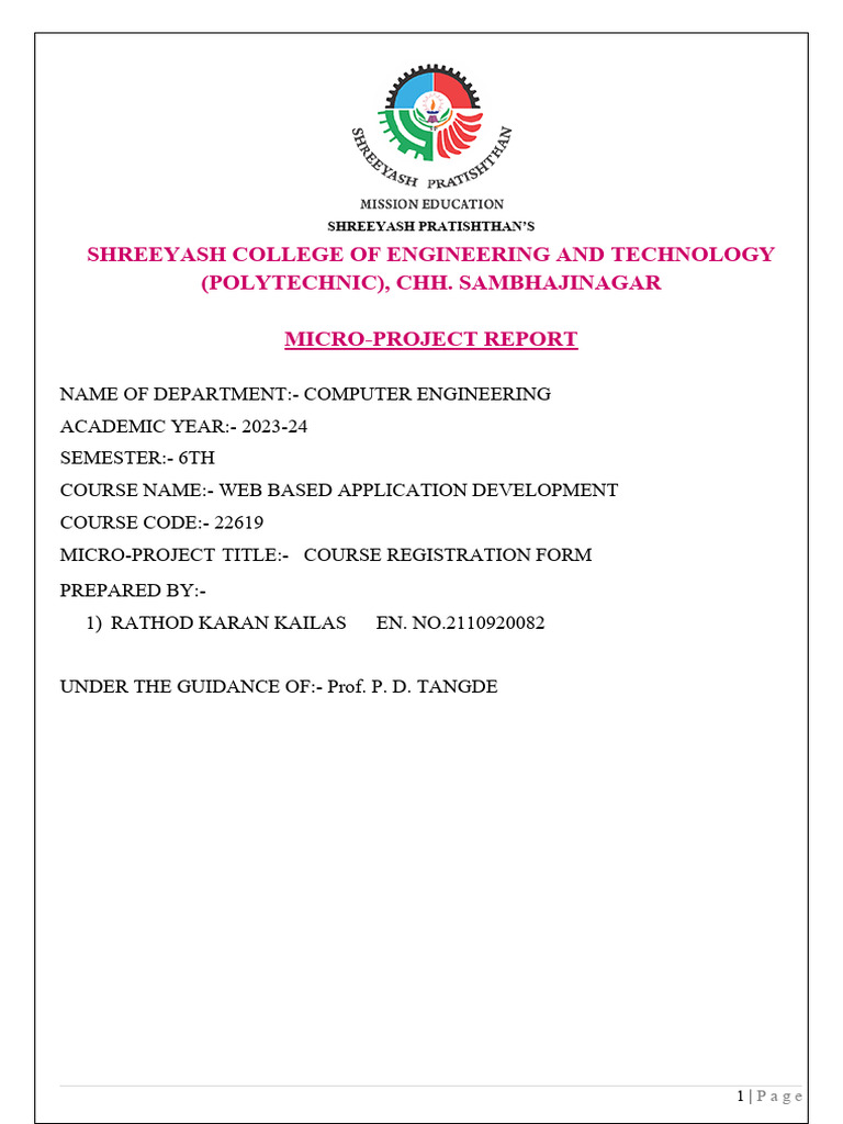 Shreeyash College of Engineering and Technology (Polytechnic), Chh. Sambhajinagar Micro-Project ...