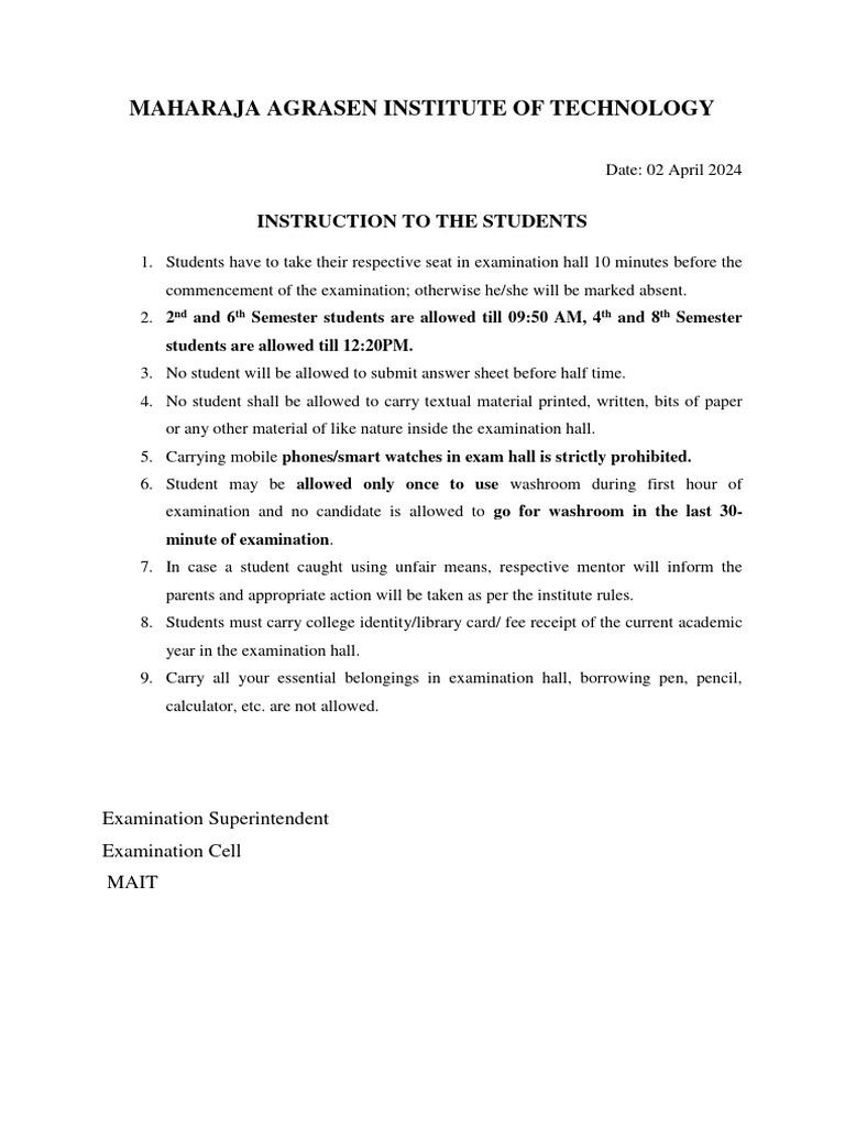 Instrutions To Students Mid Term Examination 2024 | PDF