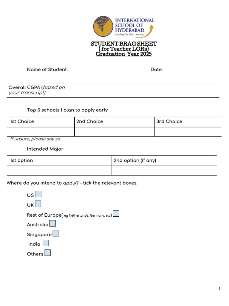 Student Brag Sheet For Teachers Writing Lors 1 | PDF | Teachers ...