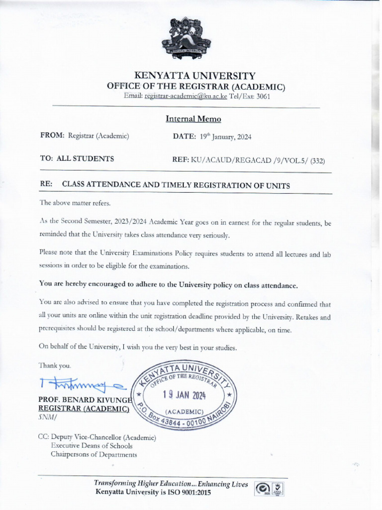 Class Attendance Anf Timely Registration of Units Second Sem 2024 | PDF
