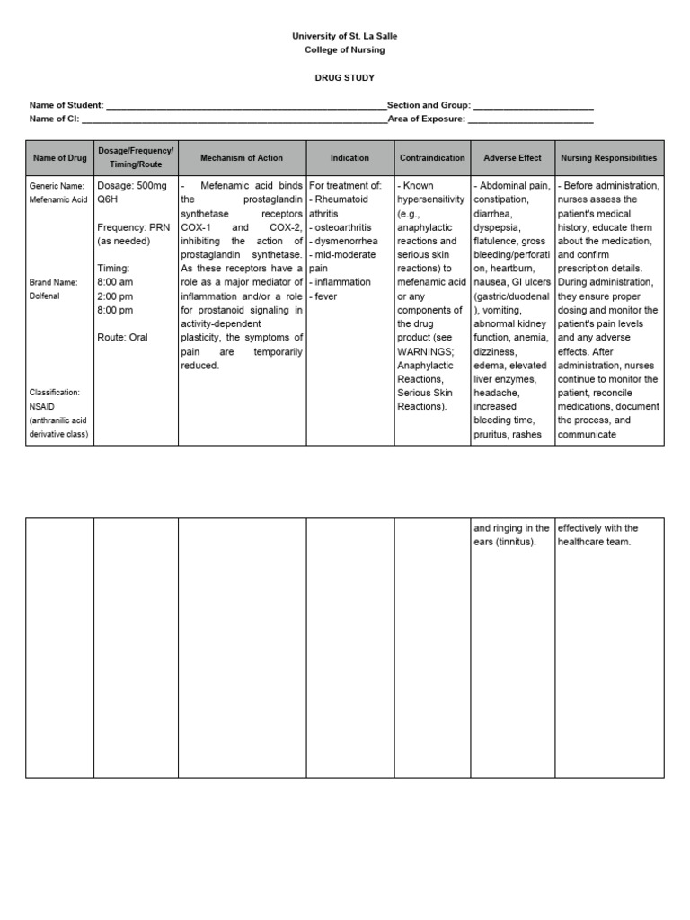 Mefenamic Acid Drug Study Guide | PDF | Pharmacology | Medicine