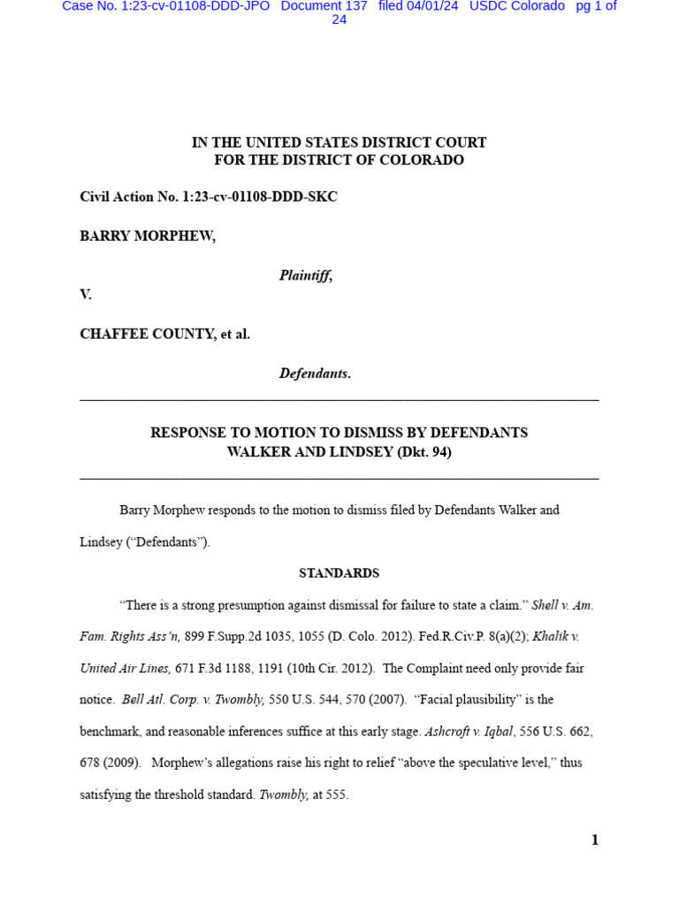 Response To Motion To Dismiss - by Defendants Walker and Lindsey ...