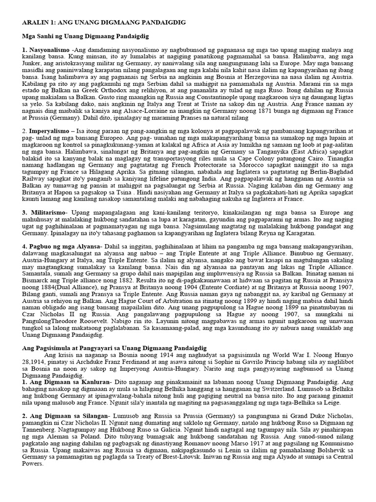 Modyul 4. Aralin 1 Unang Digmaang Pandaigdig | PDF