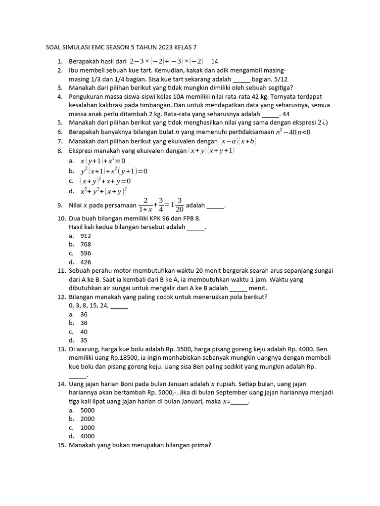 Soal Simulasi Emc Season 5 Tahun 2023 Kelas 7 | PDF