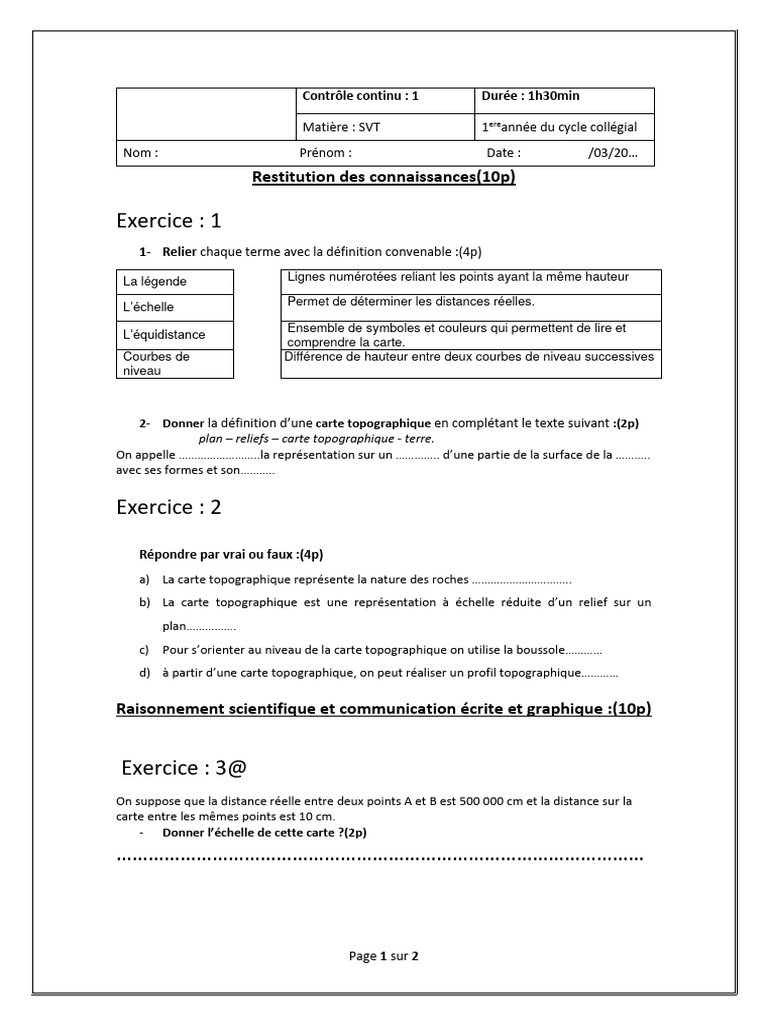 Contrôle SVT : Carte Topographique 1AC | PDF | Topographie | Sciences ...