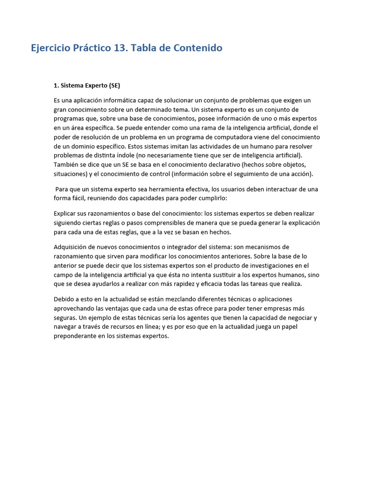 Ejercicio13-Tabla de Contenido | PDF | Inteligencia artificial | Inteligencia (IA) y semántica
