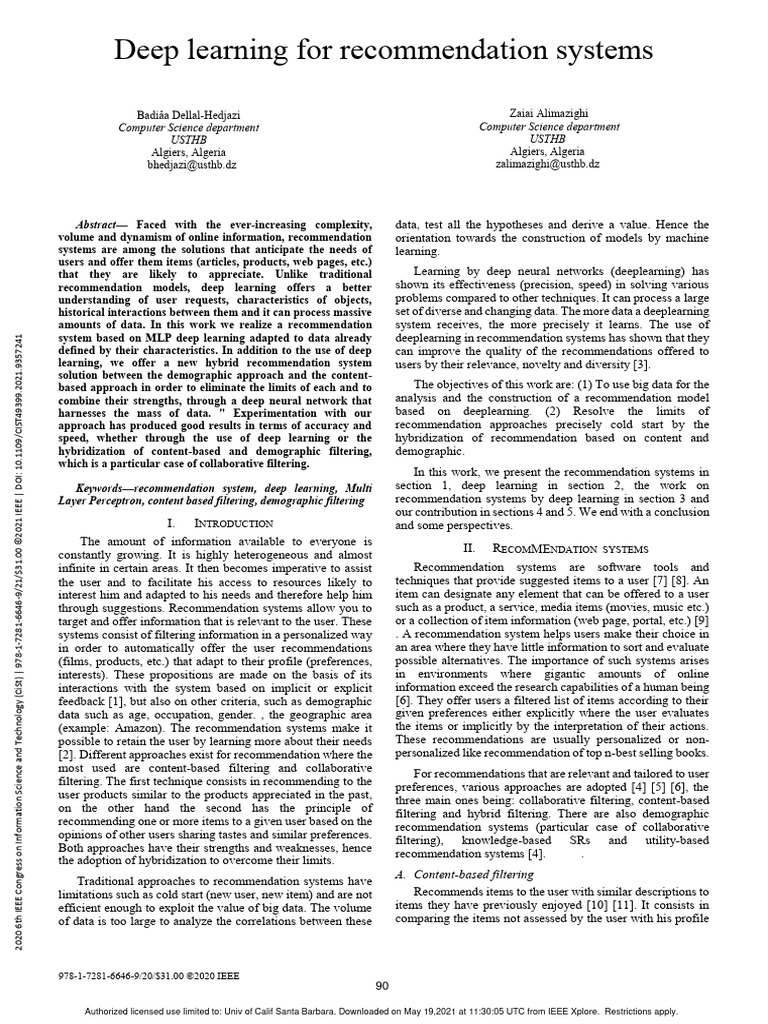 Deep Learning For Recommendation System | PDF | Artificial Neural Network | Deep Learning