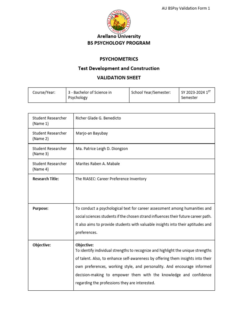 Validation Form | PDF | Psychometrics | Cognition