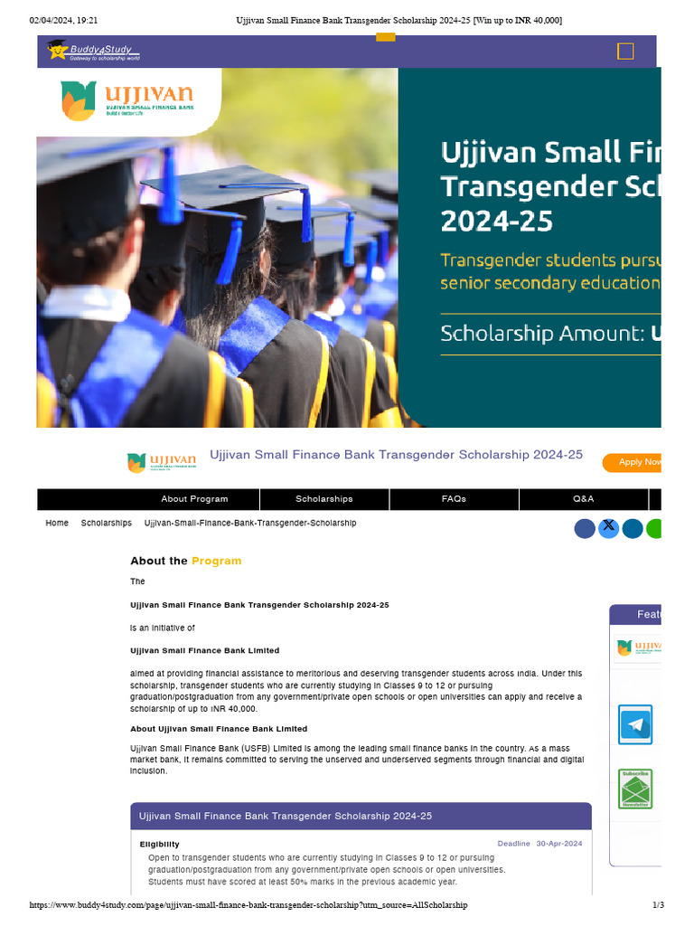 Ujjivan Small Finance Bank Transgender Scholarship 2024-25 (Win Up To INR 40,000) | PDF ...
