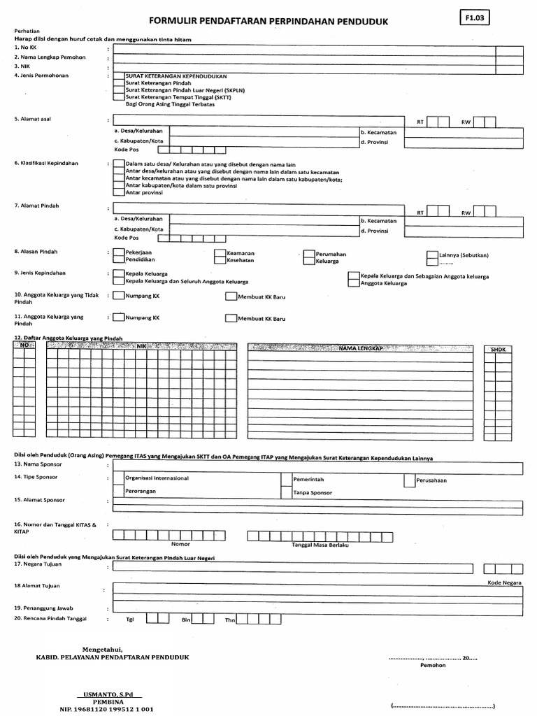 f1.03 Formulir Pendaftaran Perpindahan Penduduk (1) | PDF