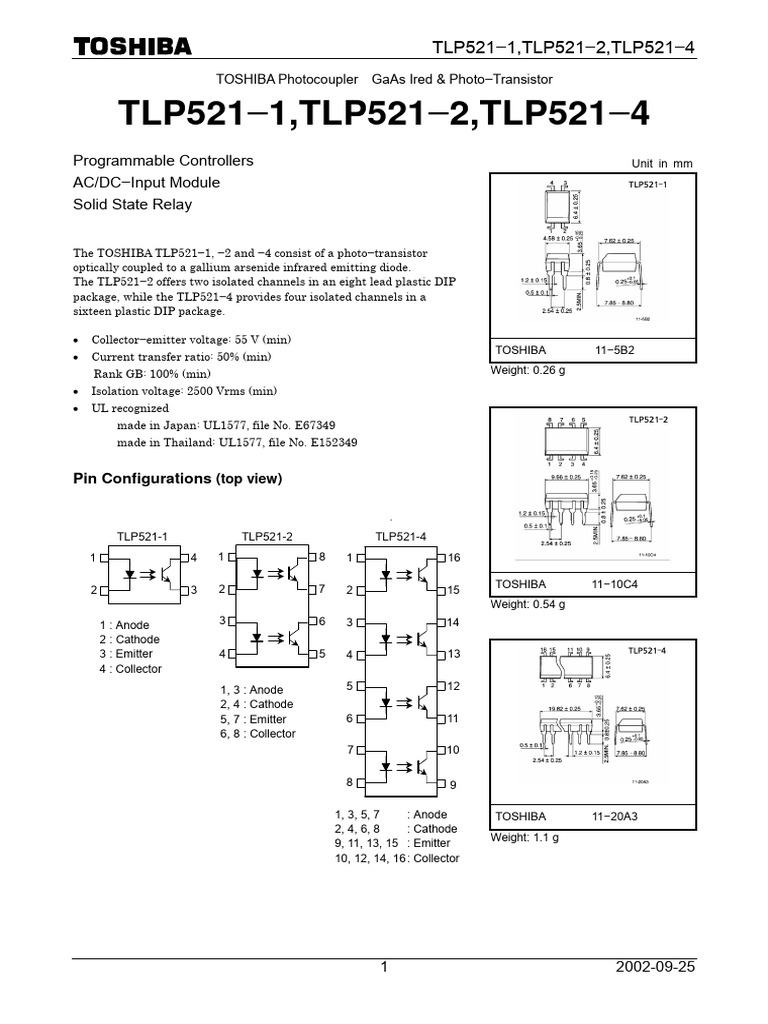 TOSHIBA TLP521 Photocoupler Overview | PDF | Reliability Engineering ...