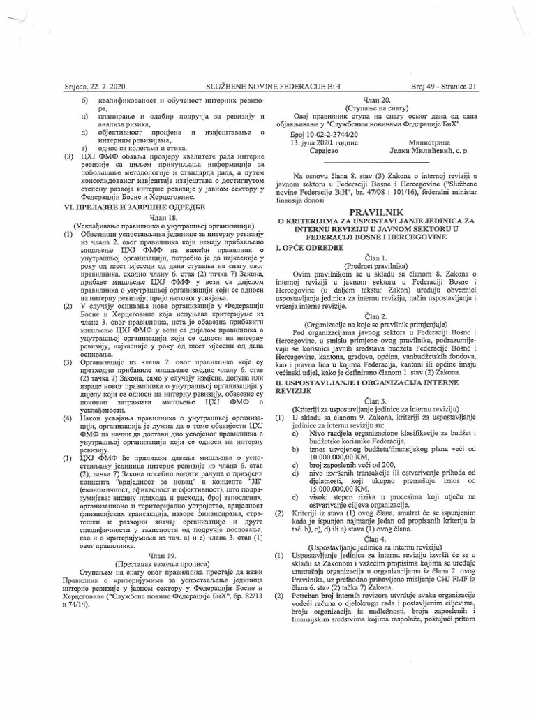 Pravilnik o Kriterijima Za Uspostavljanje JIR U Javnom Sektoru U FBiH 49-20 | PDF