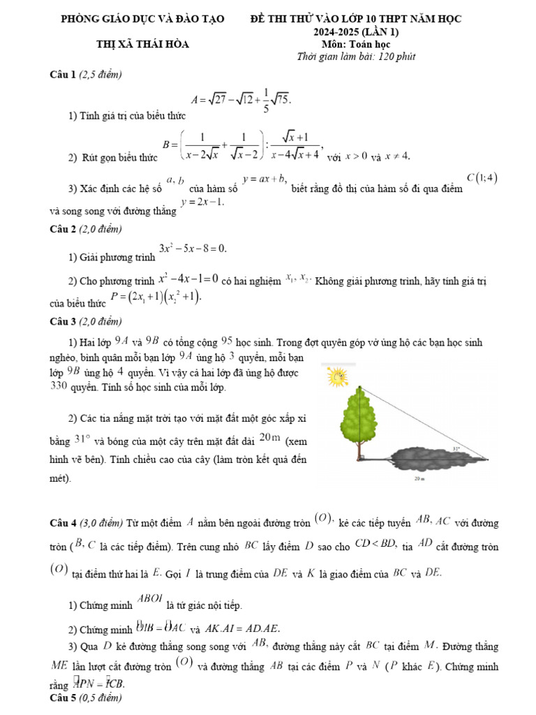 De Thi Thu Toan Vao Lop 10 Lan 1 Nam 2024 2025 Phong GDDT Thai Hoa Nghe An | PDF
