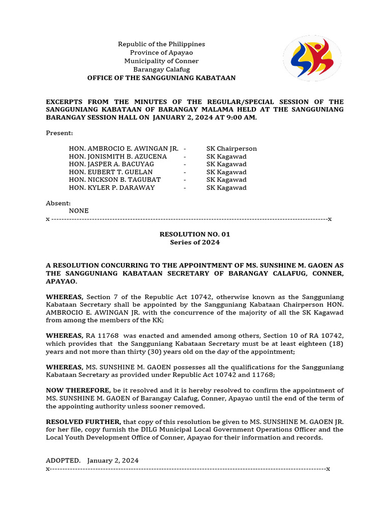 SK Reso For Appointment of SK Secretary | PDF | Government