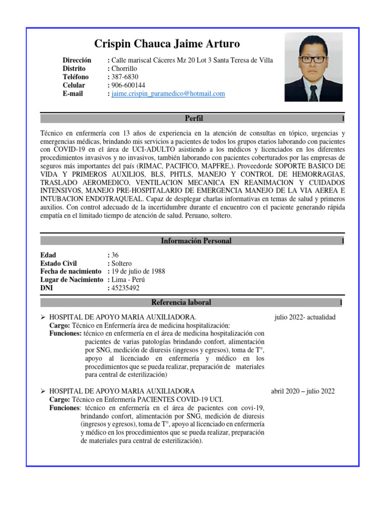 CV Crispin | Descargar gratis PDF | Paramédico | Hospital