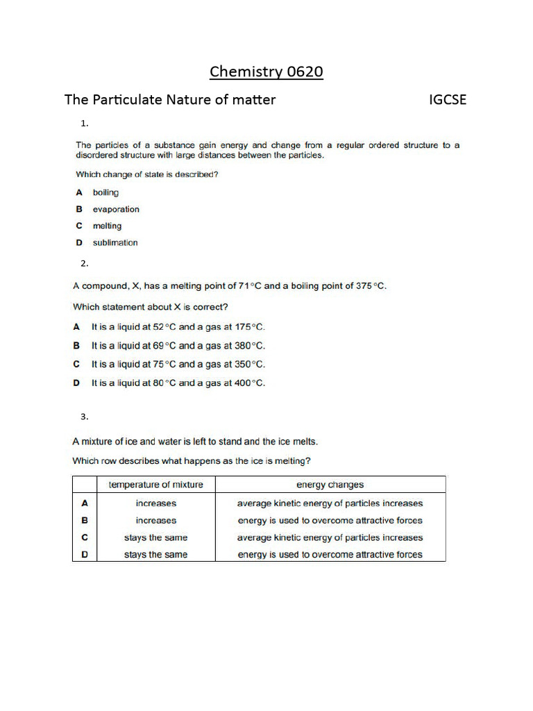 MCQs Particulate Nature of Matter Practice Worksheet IGCSE Chemistry | PDF