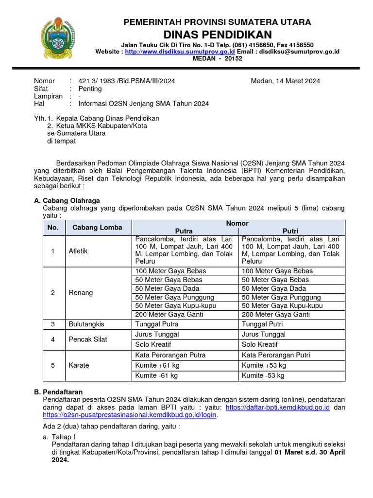 Informasi O2SN SMA 2024 Sumut | PDF