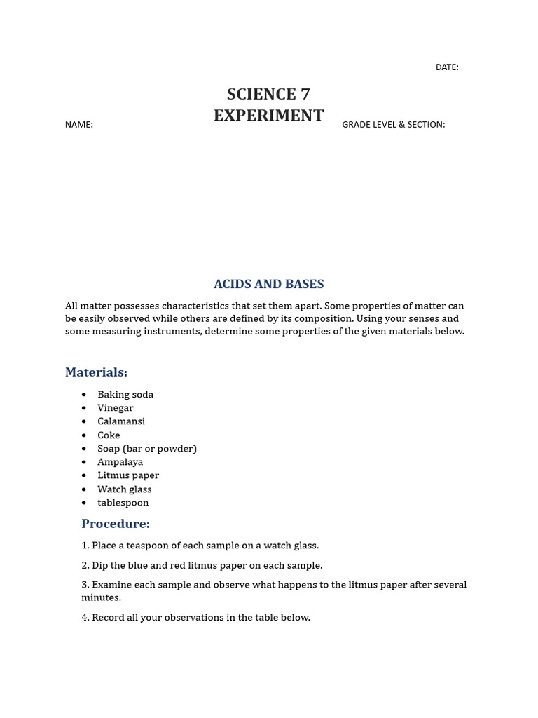 Science 7 Experiment 1 Acid and Bases | PDF | Cooking, Food & Wine