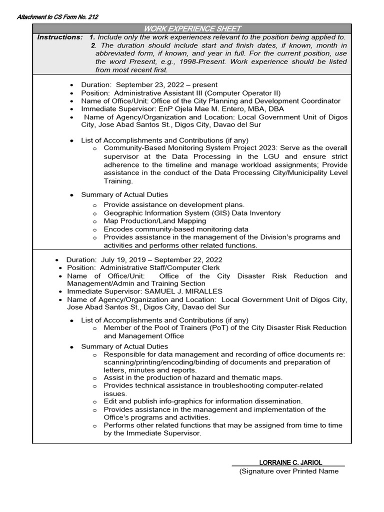 CS Form No. 212 Attachment Work Experience Sheet JARIOL | PDF ...