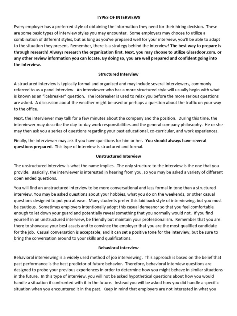 Types of Interviews | PDF | Psychology | Behavioural Sciences