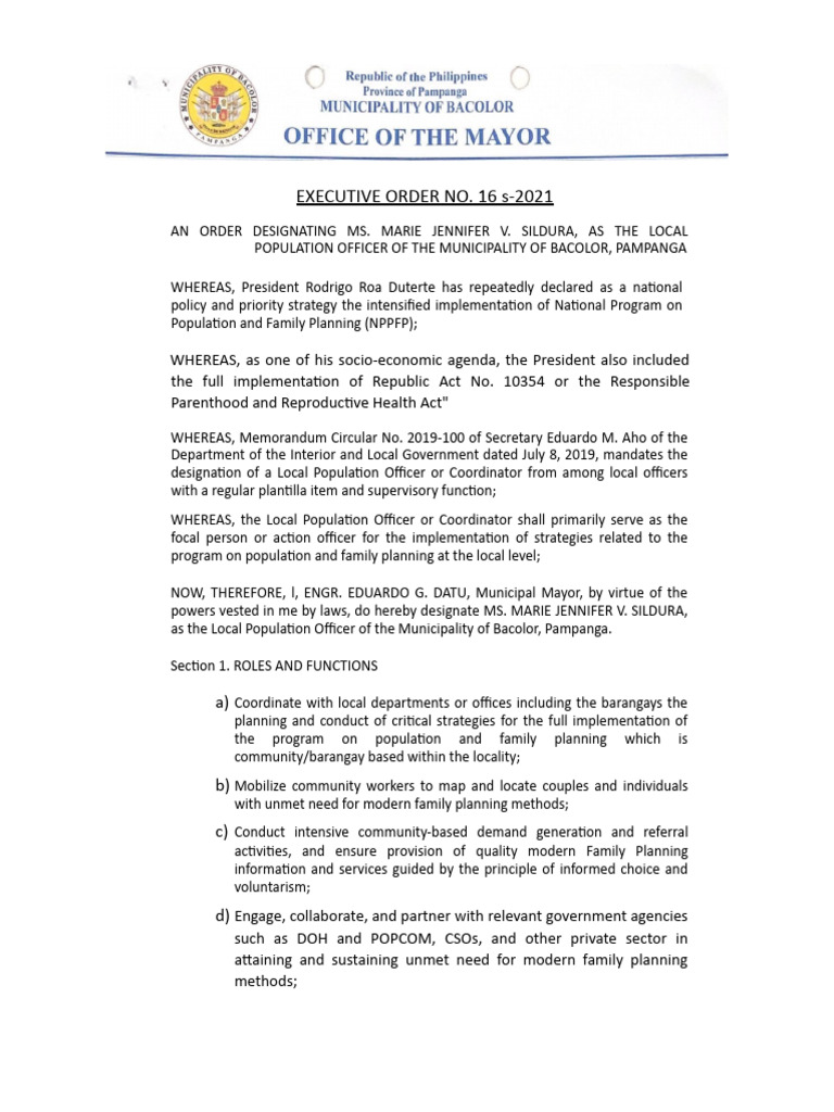 Executive Order No 16 Series of 2021 An Order Designating Ms Marie ...