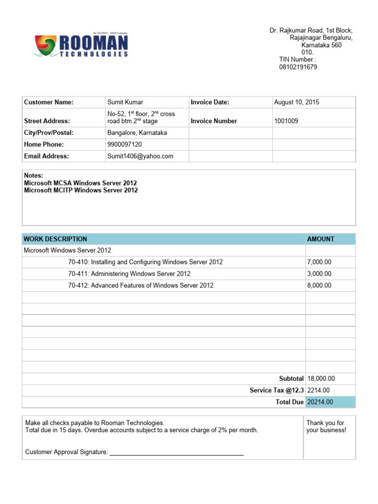 Invoice for Microsoft Server Training | PDF