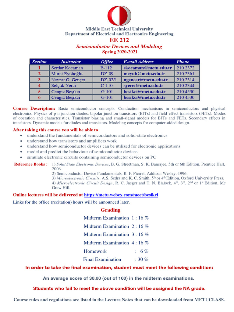 EE212 Syllabus 2020 21 | PDF | Bipolar Junction Transistor | Mosfet