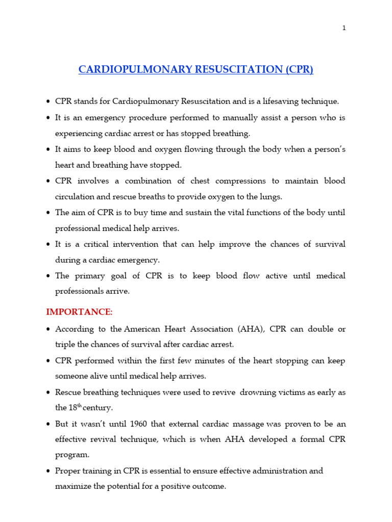 Cardiopulmonary Resuscitation (CPR) : Importance | PDF ...