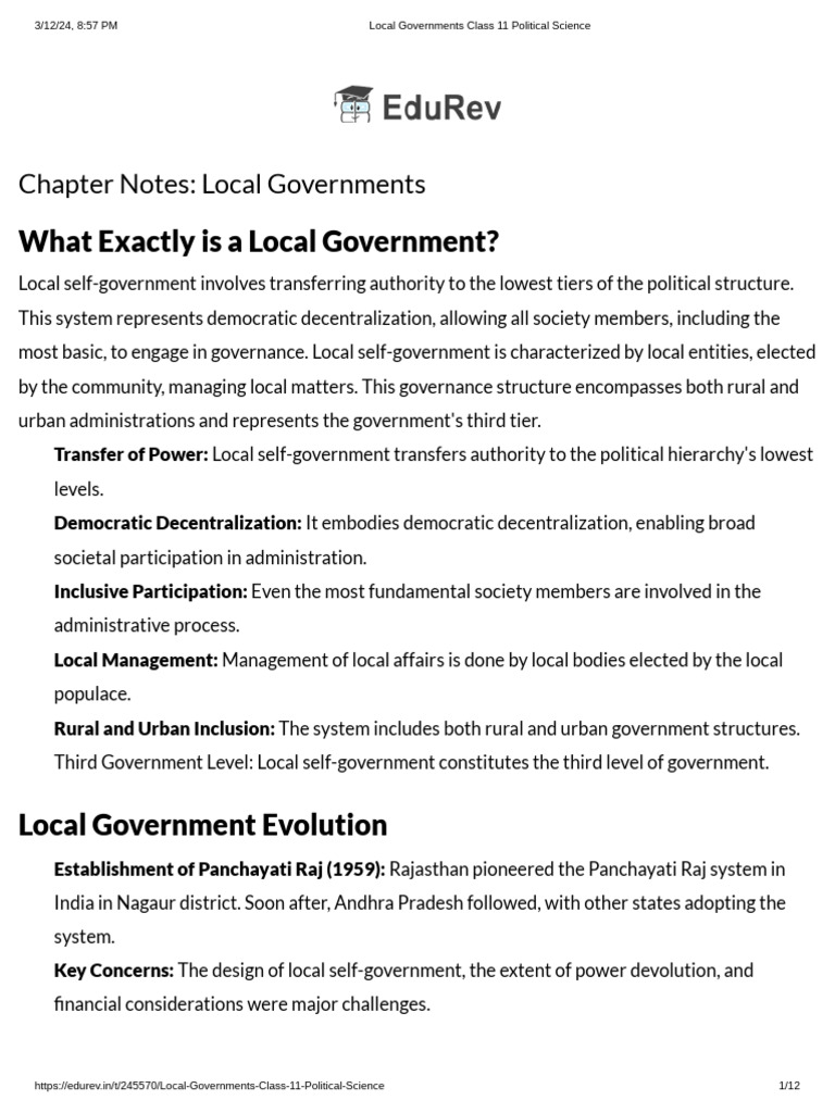 Local Government Overview for Class 11 | PDF | Political Science ...