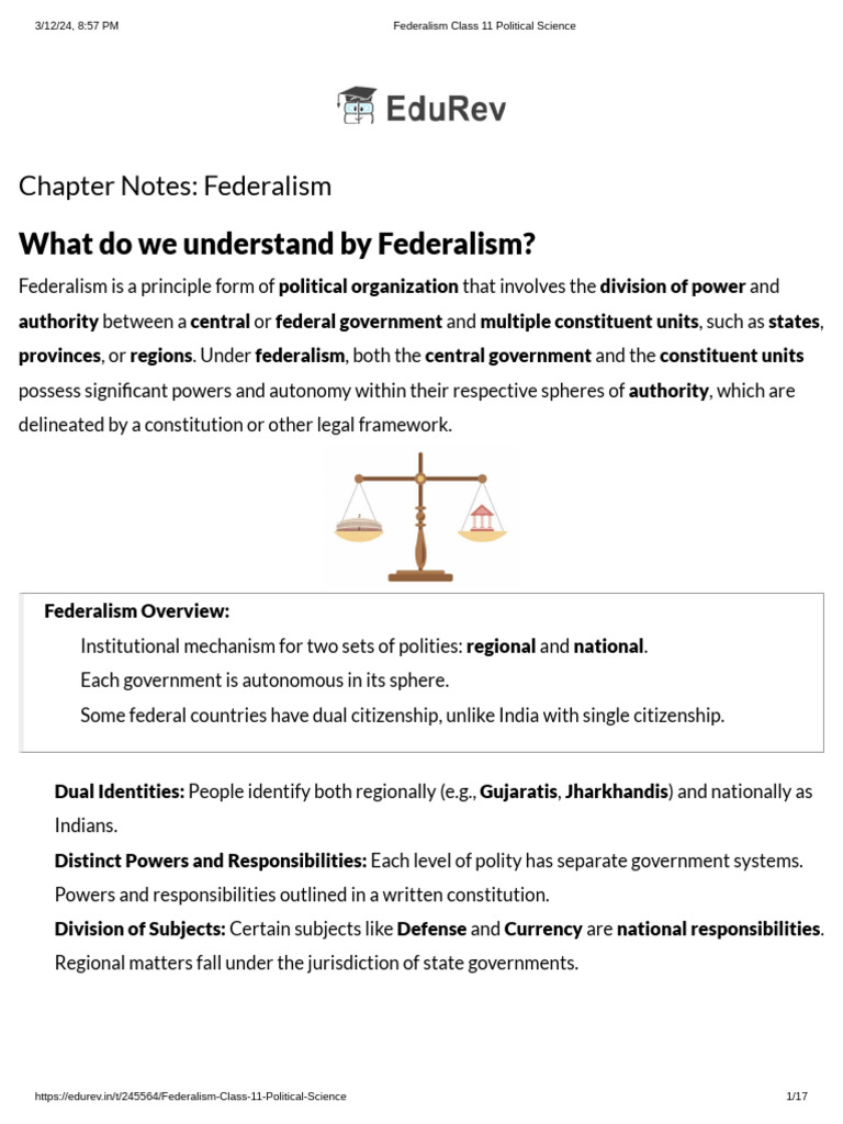 Federalism Class 11 Political Science | PDF | State (Polity) | Nigeria