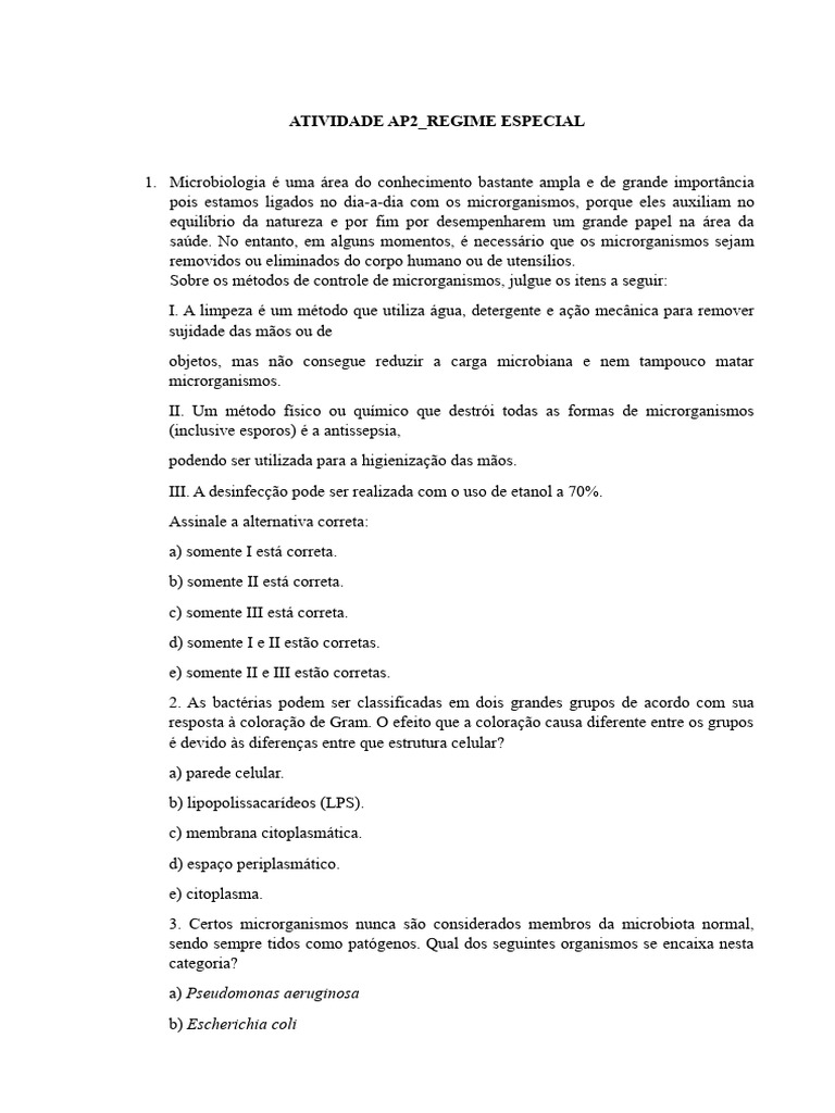 Atividade AP2 - Regime Especial | PDF | Bactérias | Microrganismo