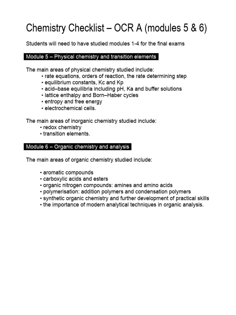 OCR A Chemistry Checklist: Modules 5 & 6 | PDF | Acid | Ester