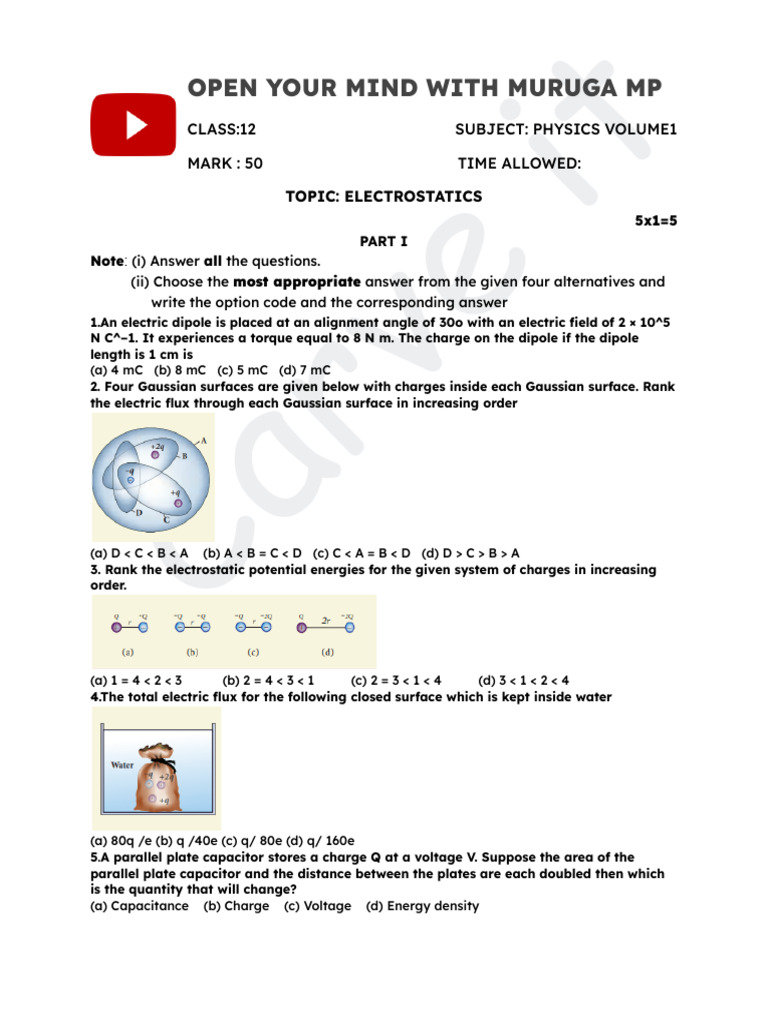 Electrostatics 4 Question Paper | PDF | Electrostatics | Dipole