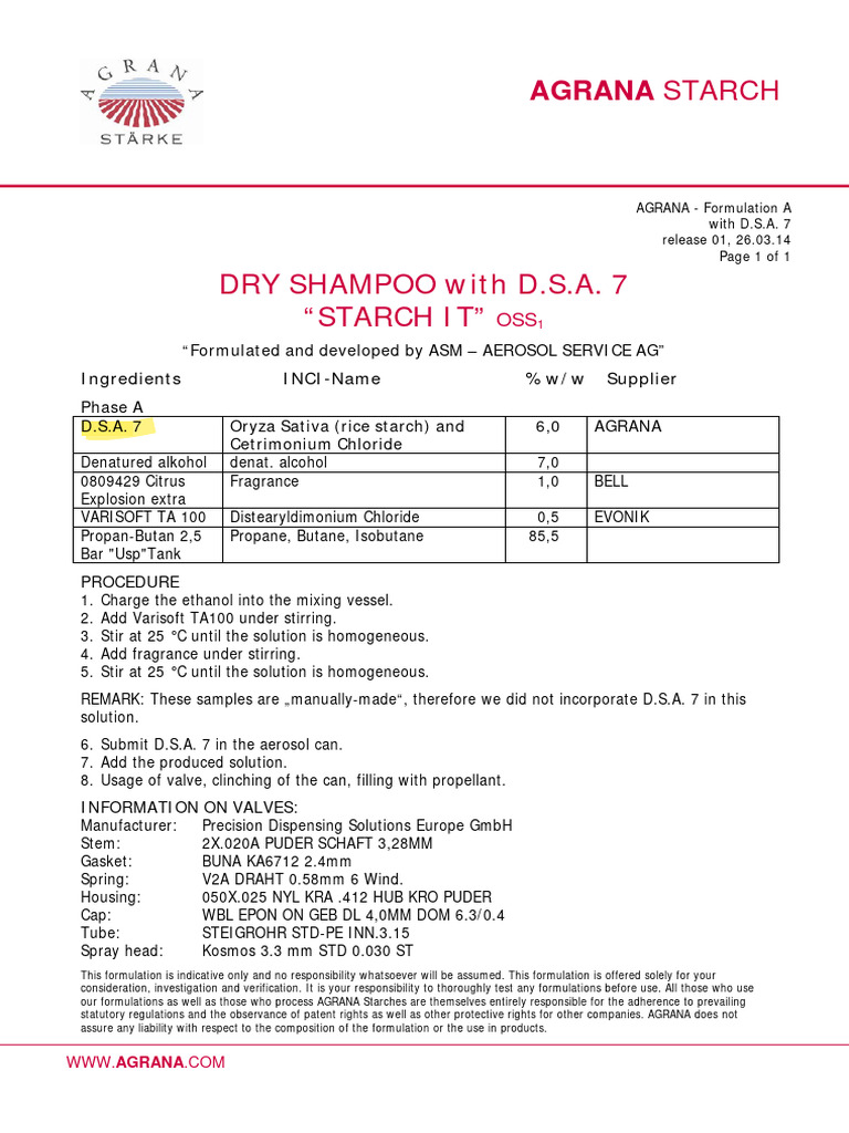 Dry Shampoo Formulation with D.S.A. 7 | PDF | Industrial Processes
