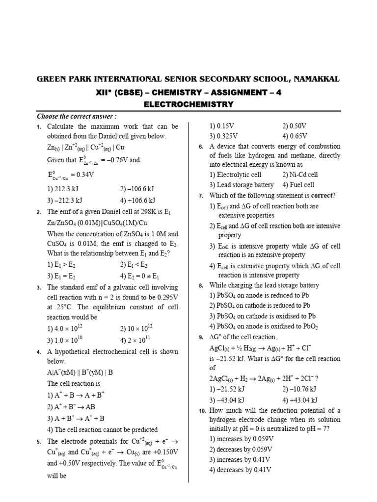 Xicbse Electrochemistry Ass 4 Qp | PDF | Electrochemistry | Applied And Interdisciplinary Physics