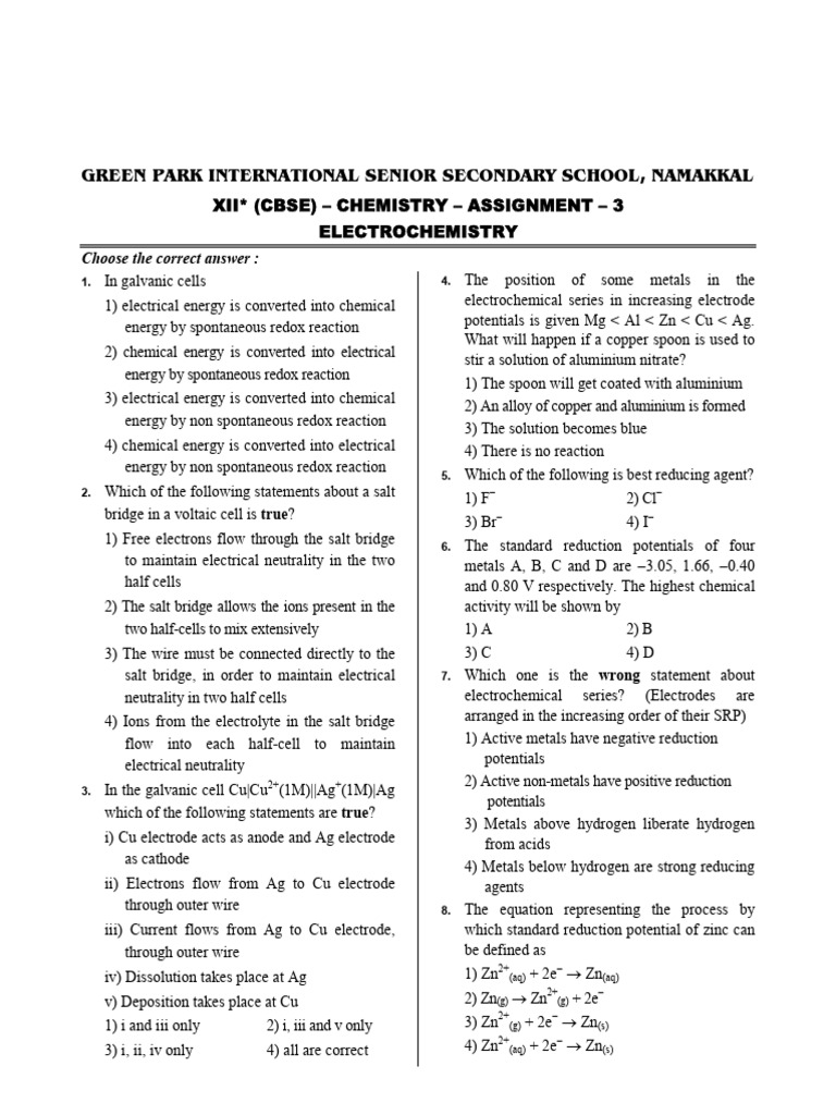 Xicbse Electrochemistry Asst 3 Qp | PDF | Electrochemistry | Physical Sciences