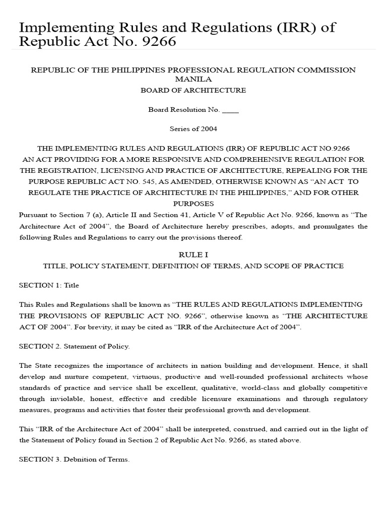 Implementing Rules and Regulations (IRR) of Repub | PDF | Architect ...