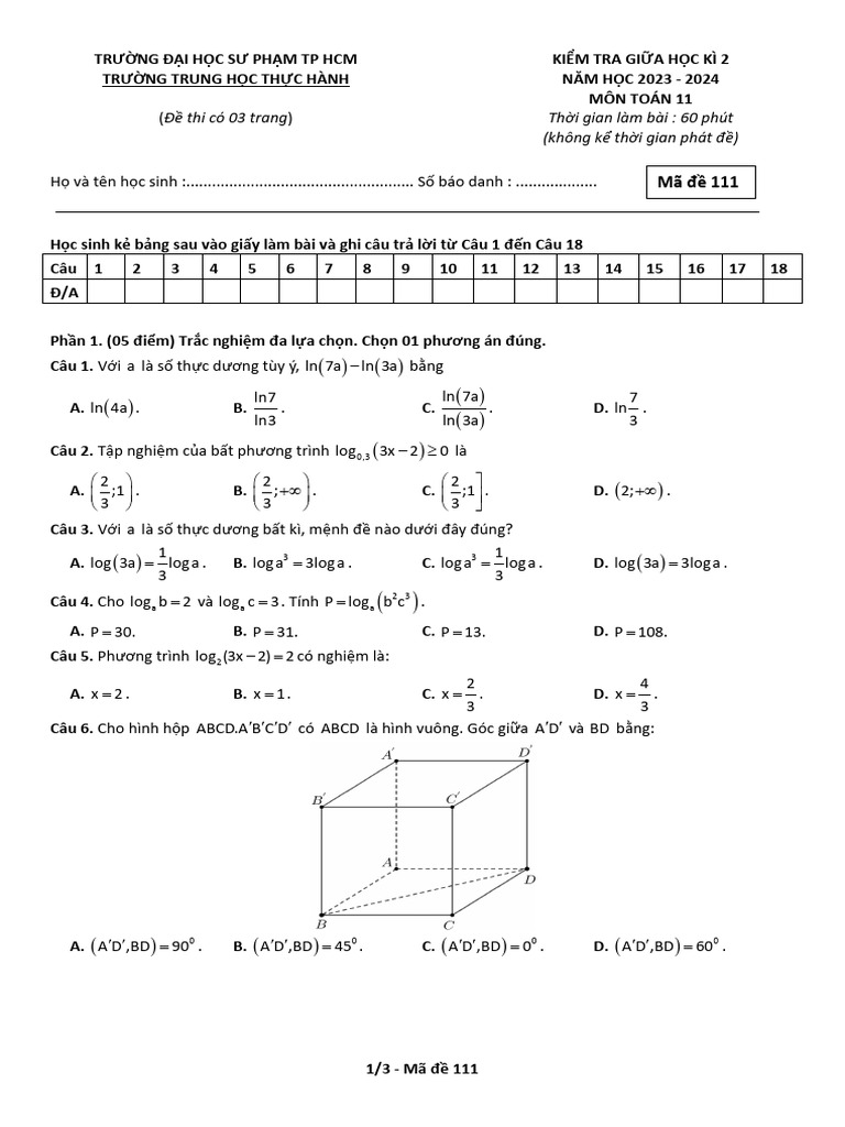 De Giua Ki 2 Toan 11 Nam 2023 2024 Truong Trung Hoc Thuc Hanh Dhsp Tp Hcm | PDF