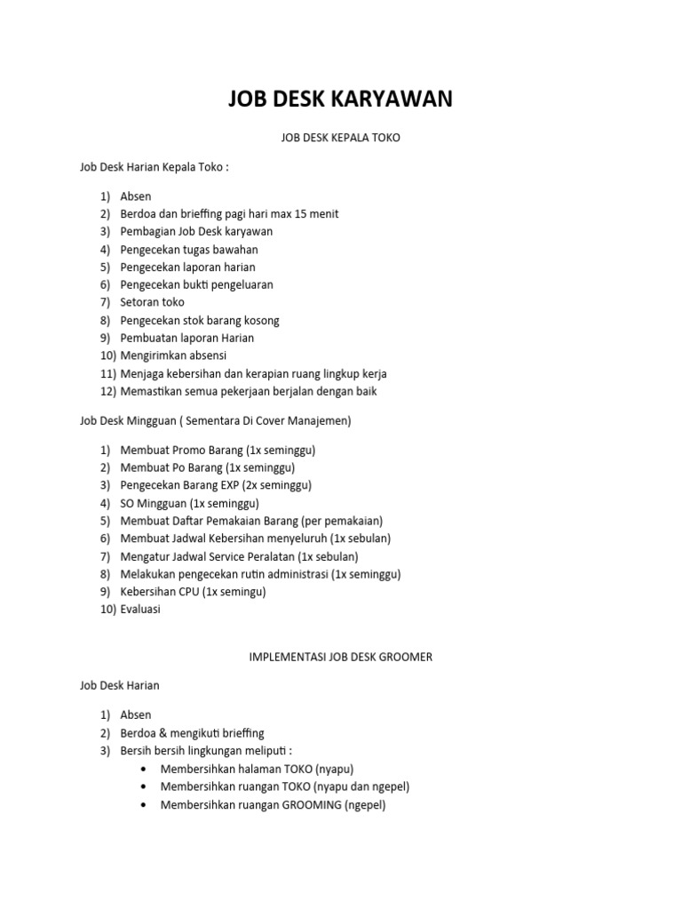 Job Desk Karyawan Toko dan Grooming | PDF | Seni | Kesehatan Holistik
