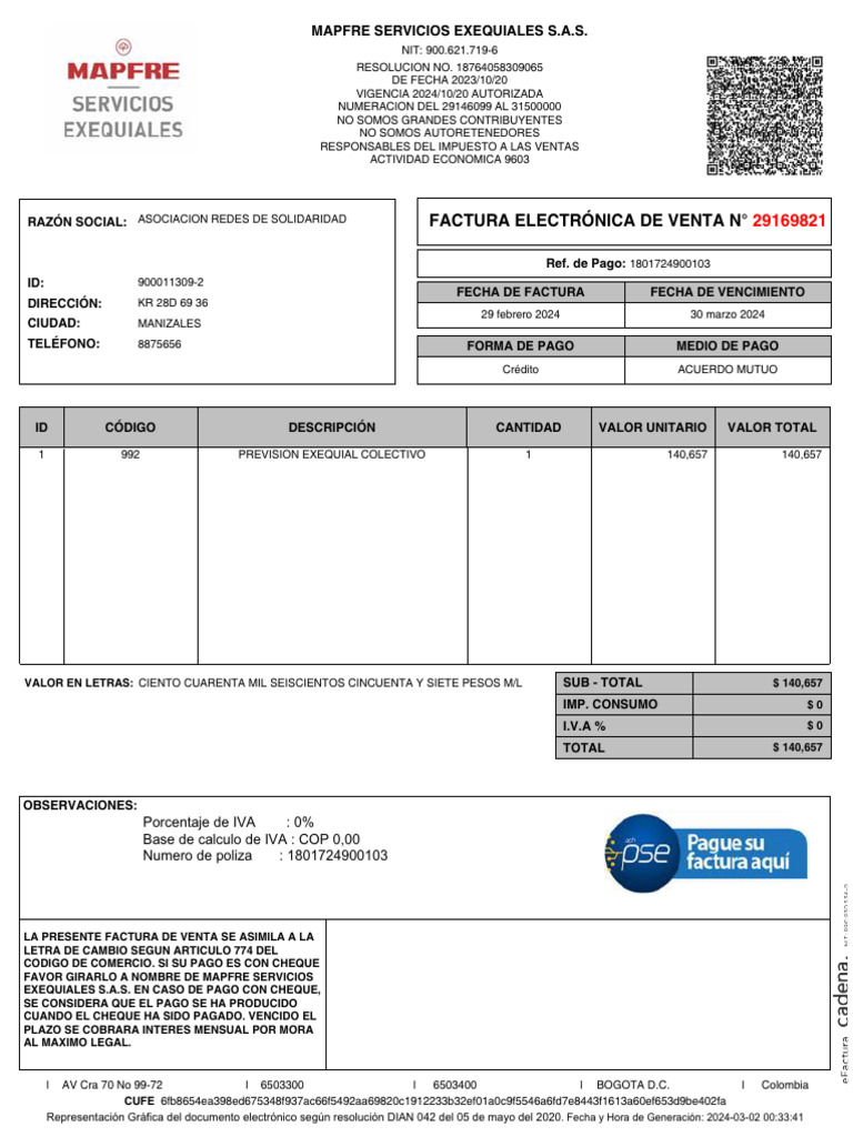 Factura Electr Ónica de Venta N°: Mapfre Servicios Exequiales S.A.S | PDF