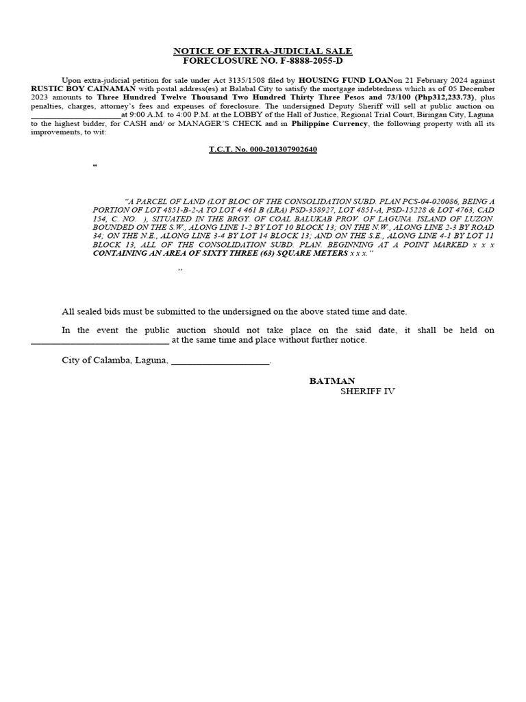 Notice EXTRA JUDICIAL FORECLOSURE | PDF