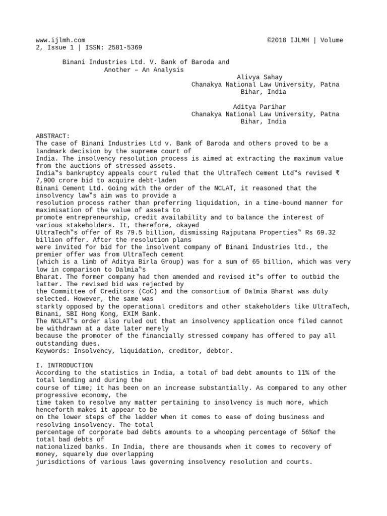 Binani Industries vs. Bank of Baroda Case Analysis | PDF | Bankruptcy ...